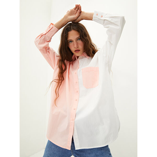 Önden Düğmeli Renk Bloklu Uzun Kollu Poplin Kadın Gömlek