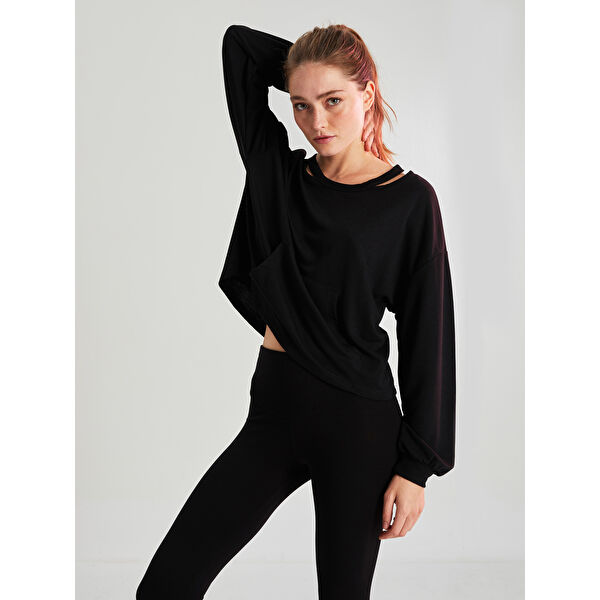 Bisiklet Yaka Düz Uzun Kollu Kadın Spor Sweatshirt Bisiklet Yaka Düz Uzun Kollu Kadın Spor Sweatshirt