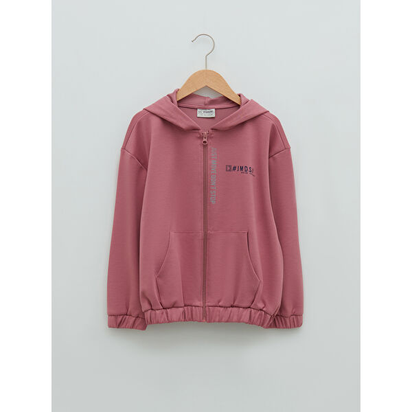 Kapüşonlu Slogan Baskılı Uzun Kollu Kız Çocuk Fermuarlı Sweatshirt Kapüşonlu Slogan Baskılı Uzun Kollu Kız Çocuk Fermuarlı Sweatshirt