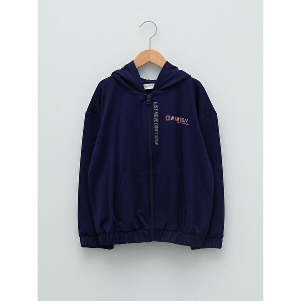 Kapüşonlu Slogan Baskılı Uzun Kollu Kız Çocuk Fermuarlı Sweatshirt Kapüşonlu Slogan Baskılı Uzun Kollu Kız Çocuk Fermuarlı Sweatshirt