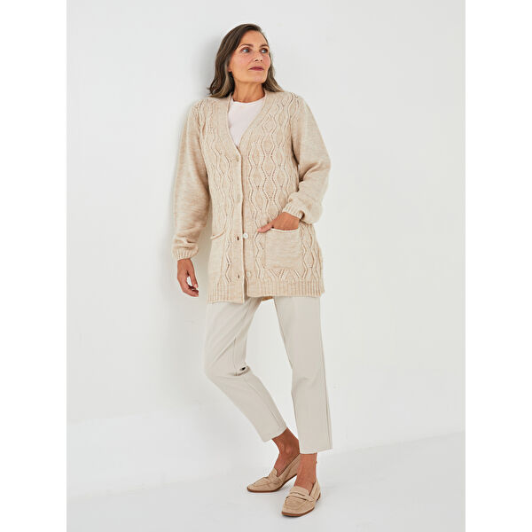 V Yaka Kendinden Desenli Uzun Kollu Kadın Triko Hırka