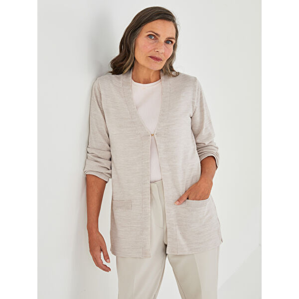 V Yaka Düz Uzun Kollu Kadın Triko Hırka