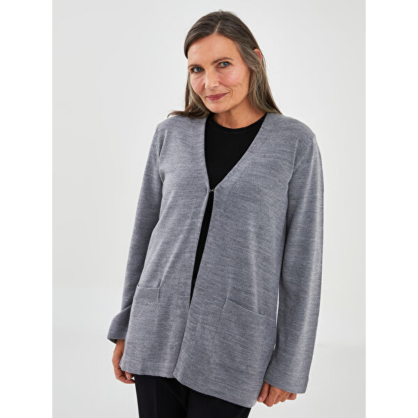 V Yaka Düz Uzun Kollu Kadın Triko Hırka