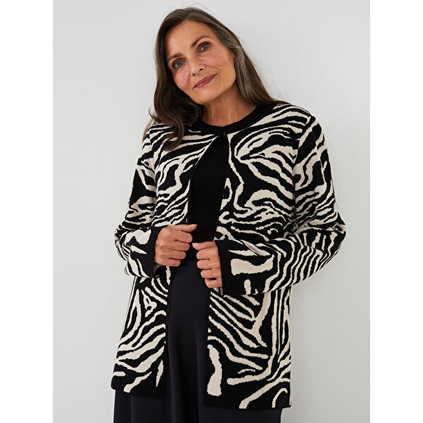 Bisiklet Yaka Desenli Uzun Kollu Kadın Triko Hırka