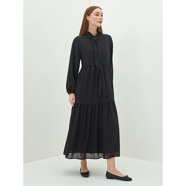 Dik Yaka Desenli Uzun Kollu A Kesim Kadın Şifon Elbise Dik Yaka Desenli Uzun Kollu A Kesim Kadın Şifon Elbise