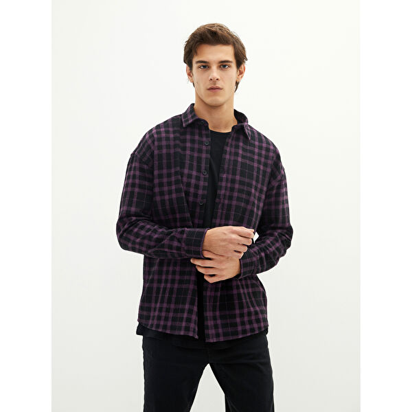 Oversize Uzun Kollu Gabardin Ekose Erkek Gömlek Ceket