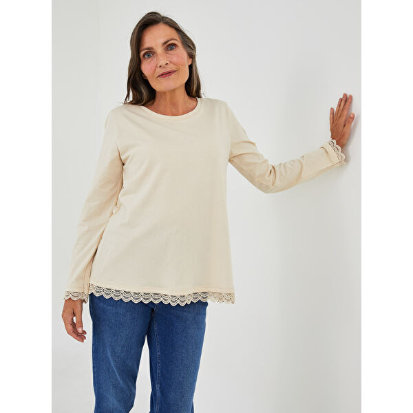 LCW GRACE Bisiklet Yaka Dantel Detaylı Uzun Kollu Pamuklu Kadın Bluz