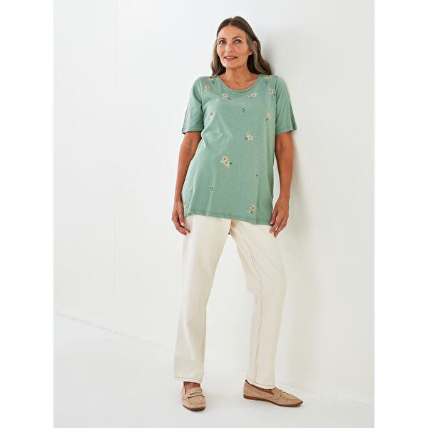 Bisiklet Yaka Baskılı Kısa Kollu Pamuklu Kadın Tişört