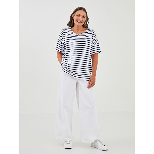 LCW GRACE Bisiklet Yaka Çizgili Kısa Kollu Pamuklu Kadın Tişört