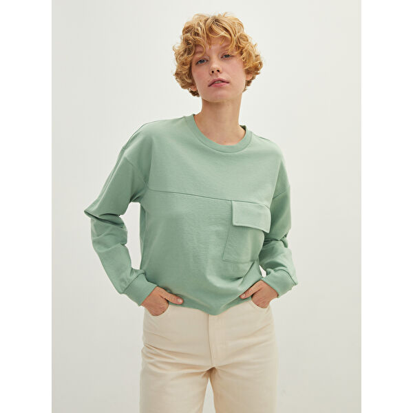 Bisiklet Yaka Düz Cep Detaylı Uzun Kollu Kadın Sweatshirt