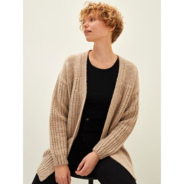 Şal Yaka Düz Uzun Kollu Triko Kadın Hırka