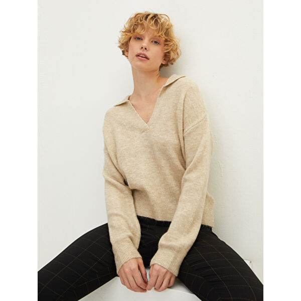 V Yaka Düz Uzun Kollu Kadın Triko Kazak