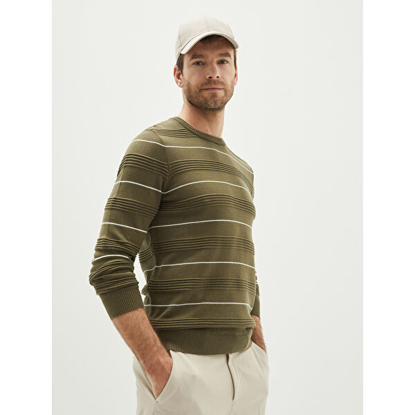 Bisiklet Yaka Uzun Kollu Çizgili Erkek Triko Kazak