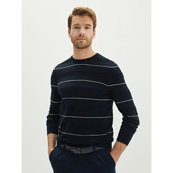 Bisiklet Yaka Uzun Kollu Çizgili Erkek Triko Kazak