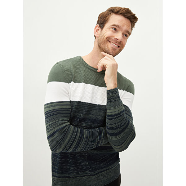 Bisiklet Yaka Uzun Kollu Renk Bloklu Erkek Triko Kazak