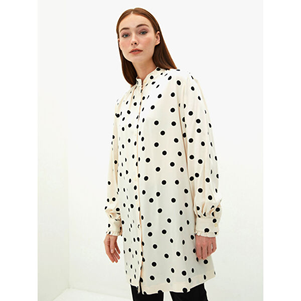 Hakim Yaka Puantiyeli Uzun Kollu Viskon Kadın Tunik