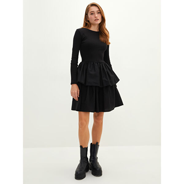 Bisiklet Yaka Düz Uzun Kollu Pamuklu Kadın Elbise Bisiklet Yaka Düz Uzun Kollu Pamuklu Kadın Elbise