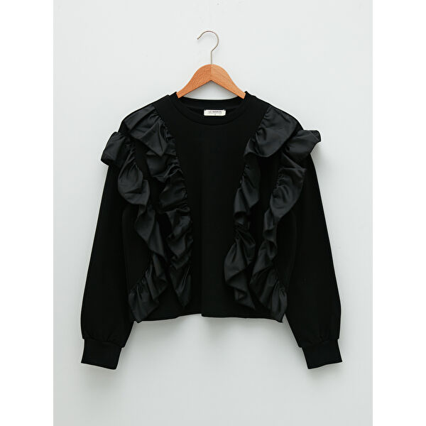 Bisiklet Yaka Fırfır Detaylı Uzun Kollu Kadın Sweatshirt