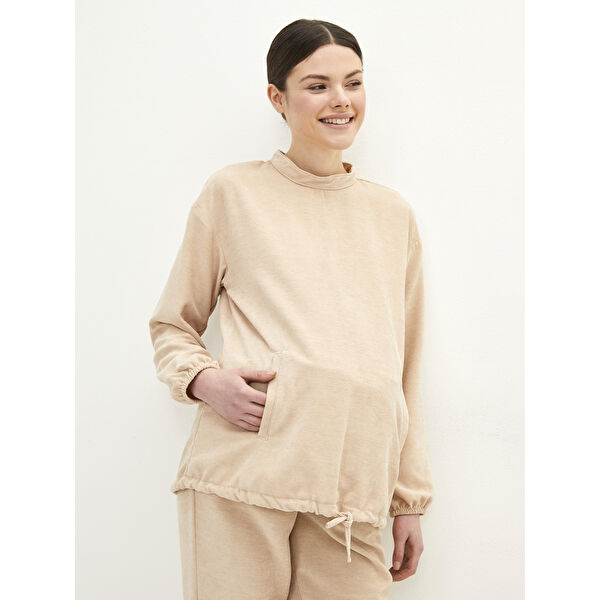 Dik Yaka Düz Uzun Kollu Kadife Hamile Tunik