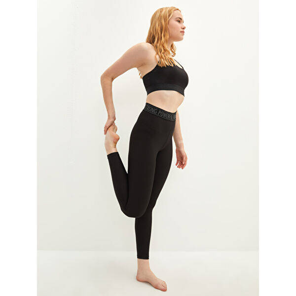 Beli Lastikli Slogan Baskılı Kadın Spor Tayt