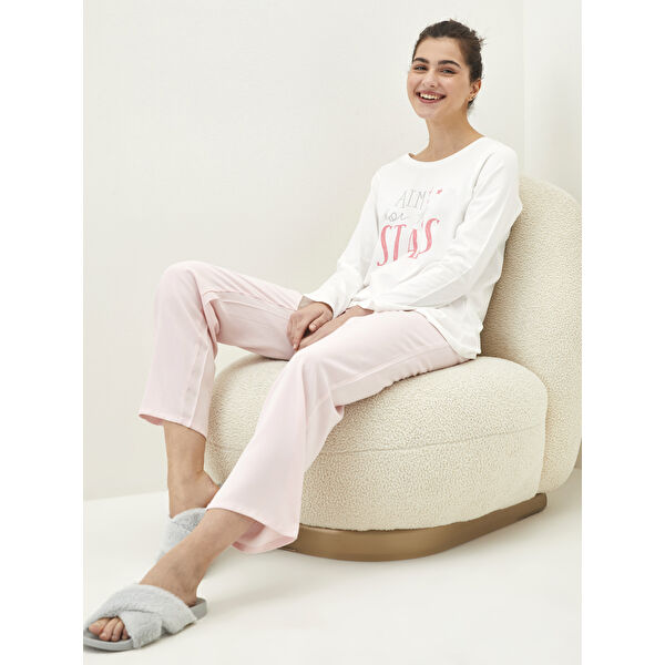 Bisiklet Yaka Yazı Baskılı Uzun Kollu Kadın Pijama Takımı