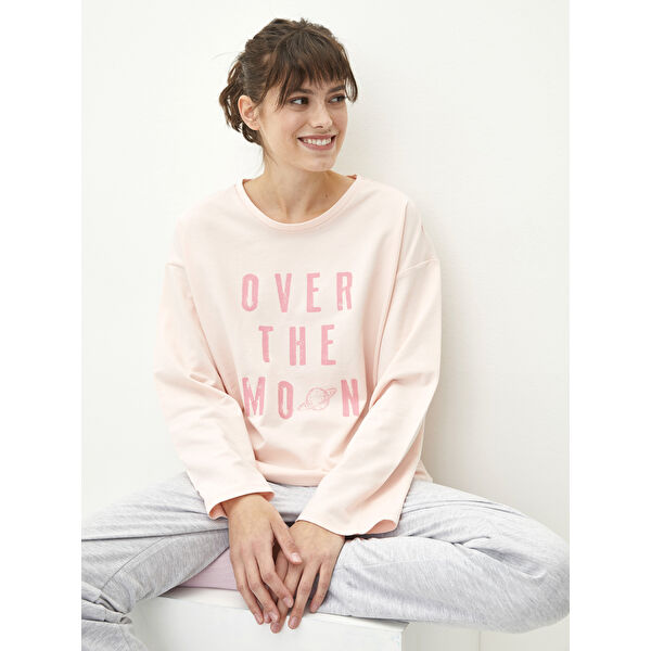 Bisiklet Yaka Yazı Baskılı Uzun Kollu Kadın Pijama Takımı