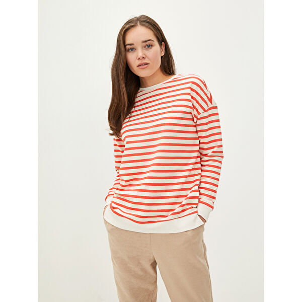 Bisiklet Yaka Çizgili Uzun Kollu Kadın Sweatshirt