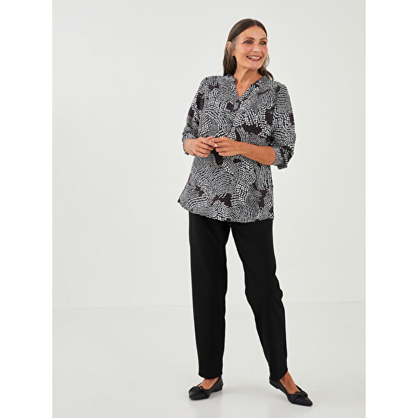 Kaçık Yaka Baskılı Uzun Kollu Bluz