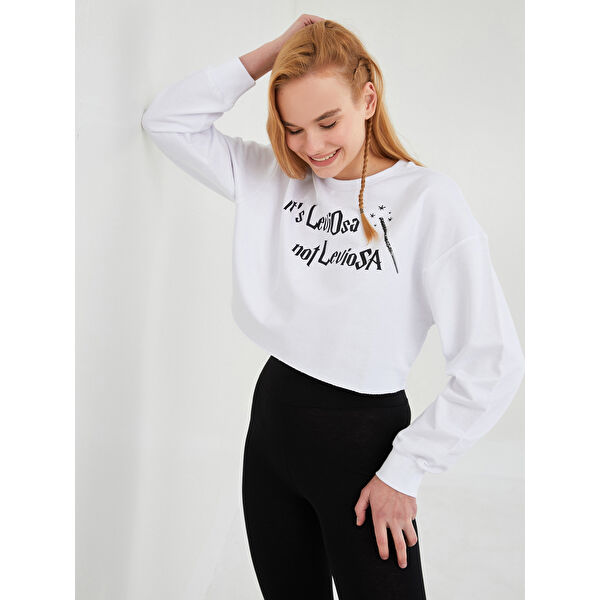 XSIDE Bisiklet Yaka Harry Potter Baskılı Uzun Kollu Crop Kadın Sweatshirt