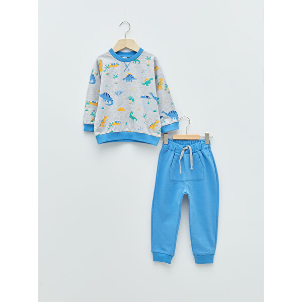 Bisiklet Yaka Uzun Kollu Baskılı Erkek Bebek Sweatshirt ve Jogger Pantolon 2'li Takım Bisiklet Yaka Uzun Kollu Baskılı Erkek Bebek Sweatshirt ve Jogger Pantolon 2'li Takım
