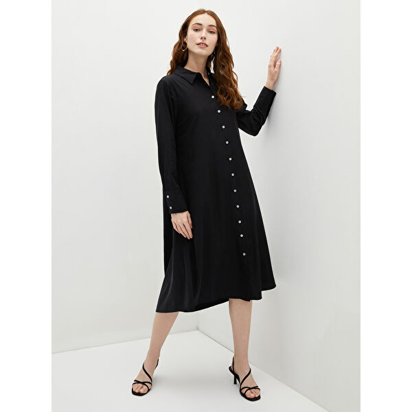 Gömlek Yaka Düz Uzun Kollu Poplin Kadın Elbise Gömlek Yaka Düz Uzun Kollu Poplin Kadın Elbise