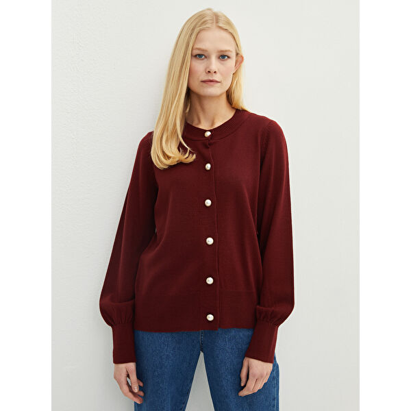 Bisiklet Yaka Düz Uzun Kollu Kadın Triko Hırka