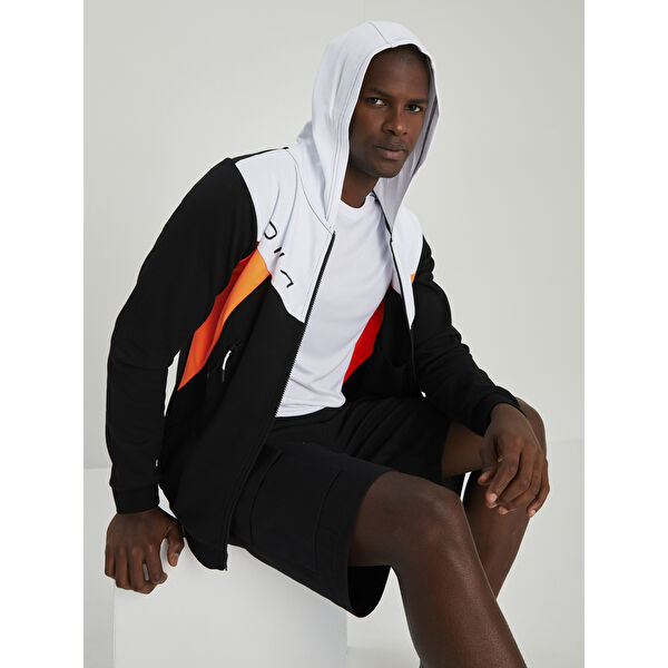 Kapüşonlu Uzun Kollu Renk Bloklu Fermuarlı Erkek Spor Sweatshirt Kapüşonlu Uzun Kollu Renk Bloklu Fermuarlı Erkek Spor Sweatshirt