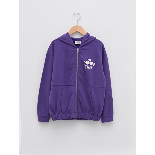 Kapüşonlu Baskılı Uzun Kollu Kız Çocuk Fermuarlı Sweatshirt
