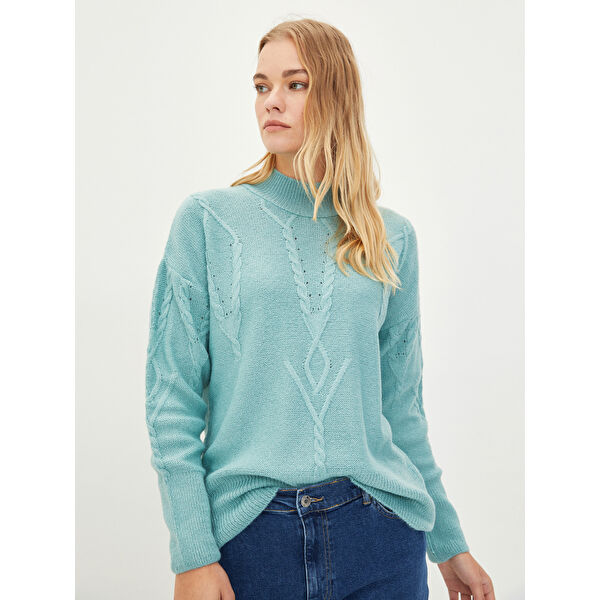 Yarım Balıkçı Yaka Kendinden Desenli Uzun Kollu Kadın Triko Kazak