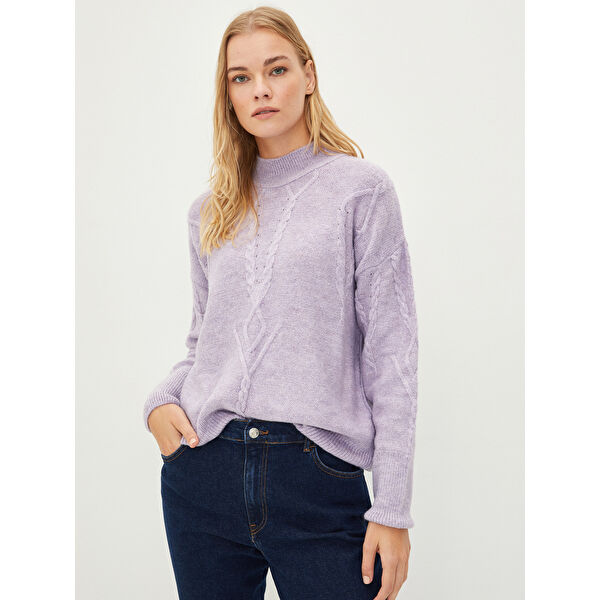 Yarım Balıkçı Yaka Kendinden Desenli Uzun Kollu Kadın Triko Kazak