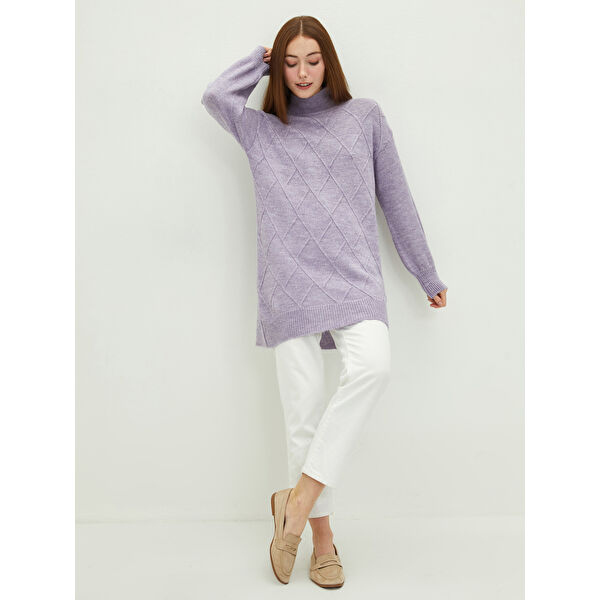 Yarım Balıkçı Yaka Düz Uzun Kollu Kadın Triko Tunik