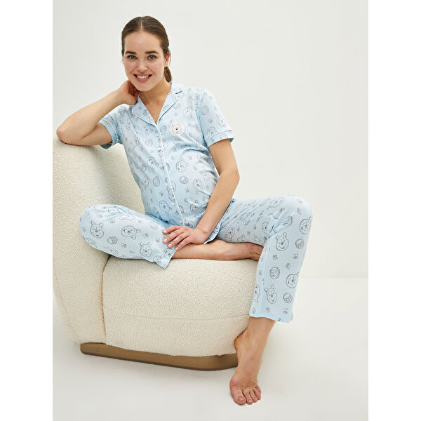 Gömlek Yaka Winnie the Pooh Baskılı Kısa Kollu Pamuklu Hamile Pijama Takımı Gömlek Yaka Winnie the Pooh Baskılı Kısa Kollu Pamuklu Hamile Pijama Takımı