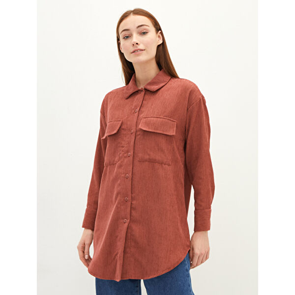 Gömlek Yaka Düz Cep Detaylı Uzun Kollu Oversize Kadife Kadın Tunik