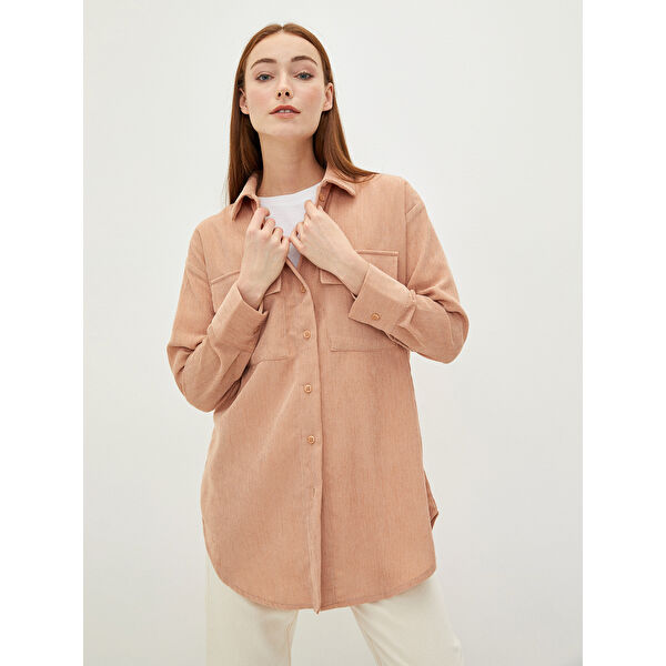 Gömlek Yaka Düz Cep Detaylı Uzun Kollu Oversize Kadife Kadın Tunik