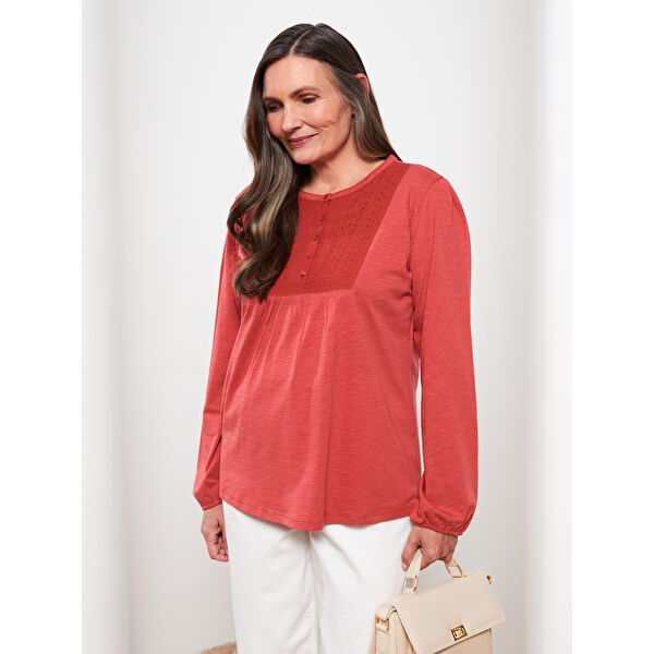 Bisiklet Yaka Nakışlı Uzun Kollu Pamuklu Kadın Bluz