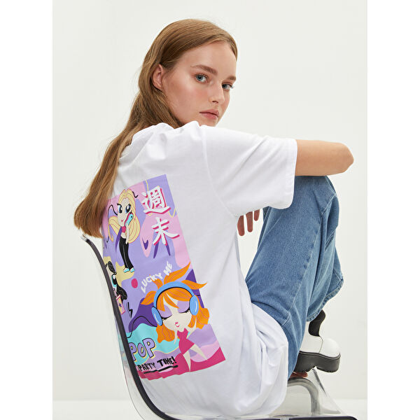 Bisiklet Yaka Baskılı Kısa Kollu Pamuklu Kadın Tişört