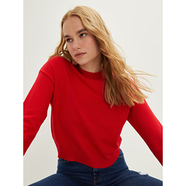 Bisiklet Yaka Kendinden Desenli Uzun Kollu Kadın Triko Kazak