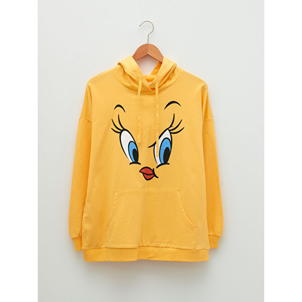 Kapüşonlu Tweety Baskılı Uzun Kollu Pamuklu Kadın Sweatshirt Kapüşonlu Tweety Baskılı Uzun Kollu Pamuklu Kadın Sweatshirt