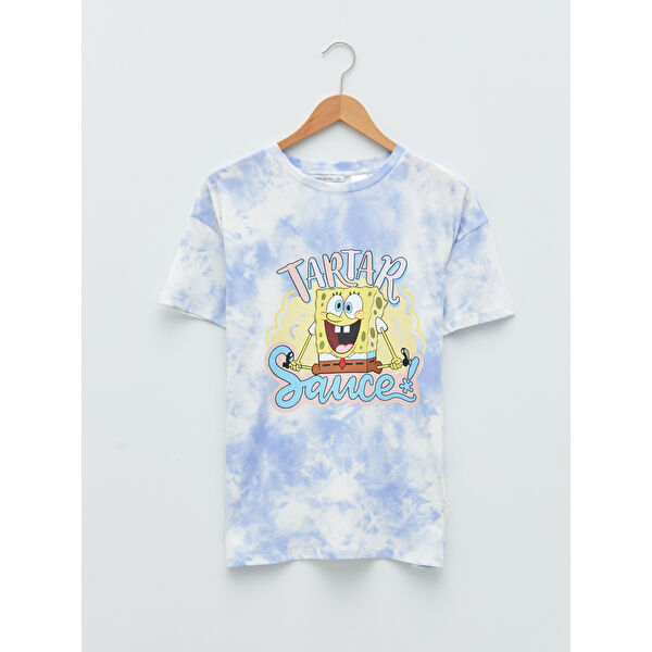 Bisiklet Yaka Sünger Bob Baskılı Kısa Kollu Pamuklu Kadın Tişört