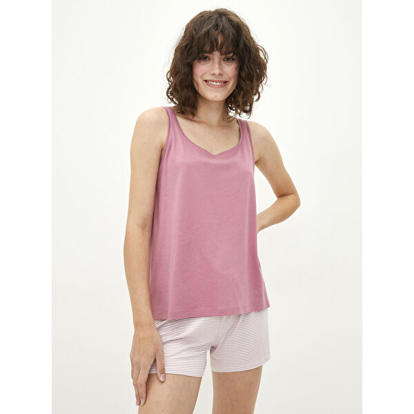 U Yaka Düz Kolsuz Kadın Pijama Üst