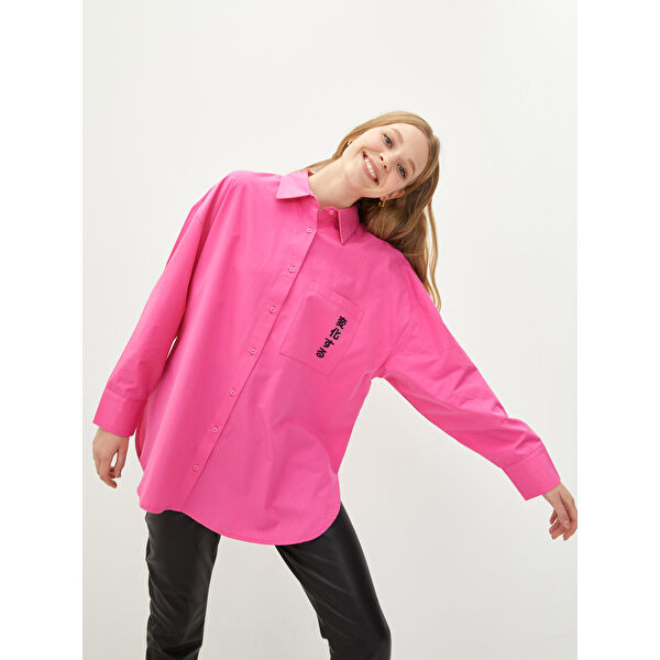 Önden Düğme Kapamalı Baskılı Uzun Kollu Poplin Kadın Gömlek Önden Düğme Kapamalı Baskılı Uzun Kollu Poplin Kadın Gömlek