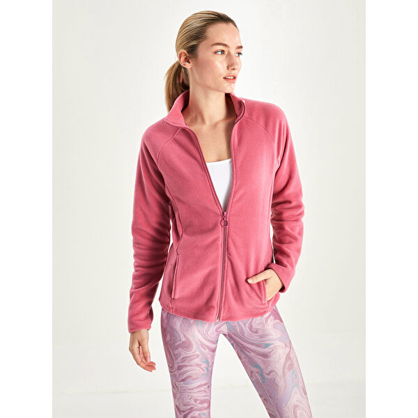 Dik Yaka Düz Uzun Kollu Cep Detaylı Polar Kadın Spor Hırka