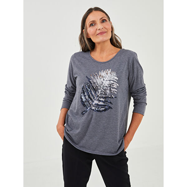 LCW Grace Bisiklet Yaka Uzun Kollu Payetli Tişört Kadın