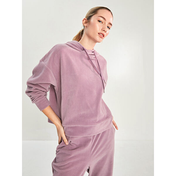 Kapüşonlu Düz Uzun Kollu Polar Kadın Sweatshirt